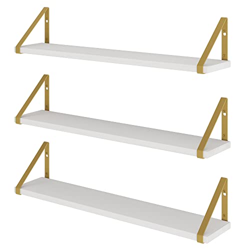 Wallniture Ponza White Floating Shelves for Wall, 24" Wall Shelves for Living Room Decor, Bedroom, Bathroom, Home Office Shelves with Gold Color Brackets