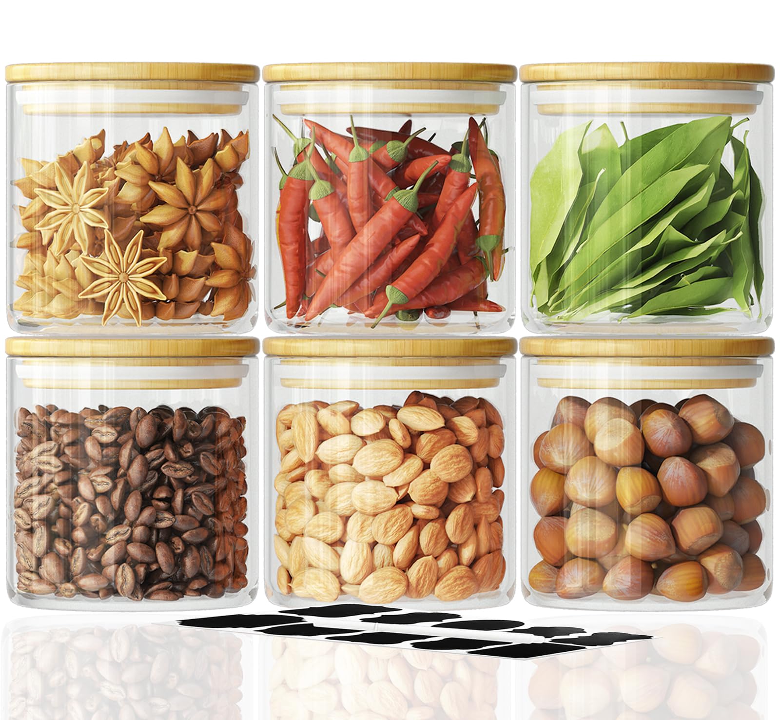 6 Piece Glass Storage Jars Set with Airtight Bamboo Lids and Labels, 20oz/600ml Glass Spice Jars Food Storage Containers for Home Kitchen,Pantry, Tea, Sugar, Salt, Coffee, Flour, Herbs, Grains