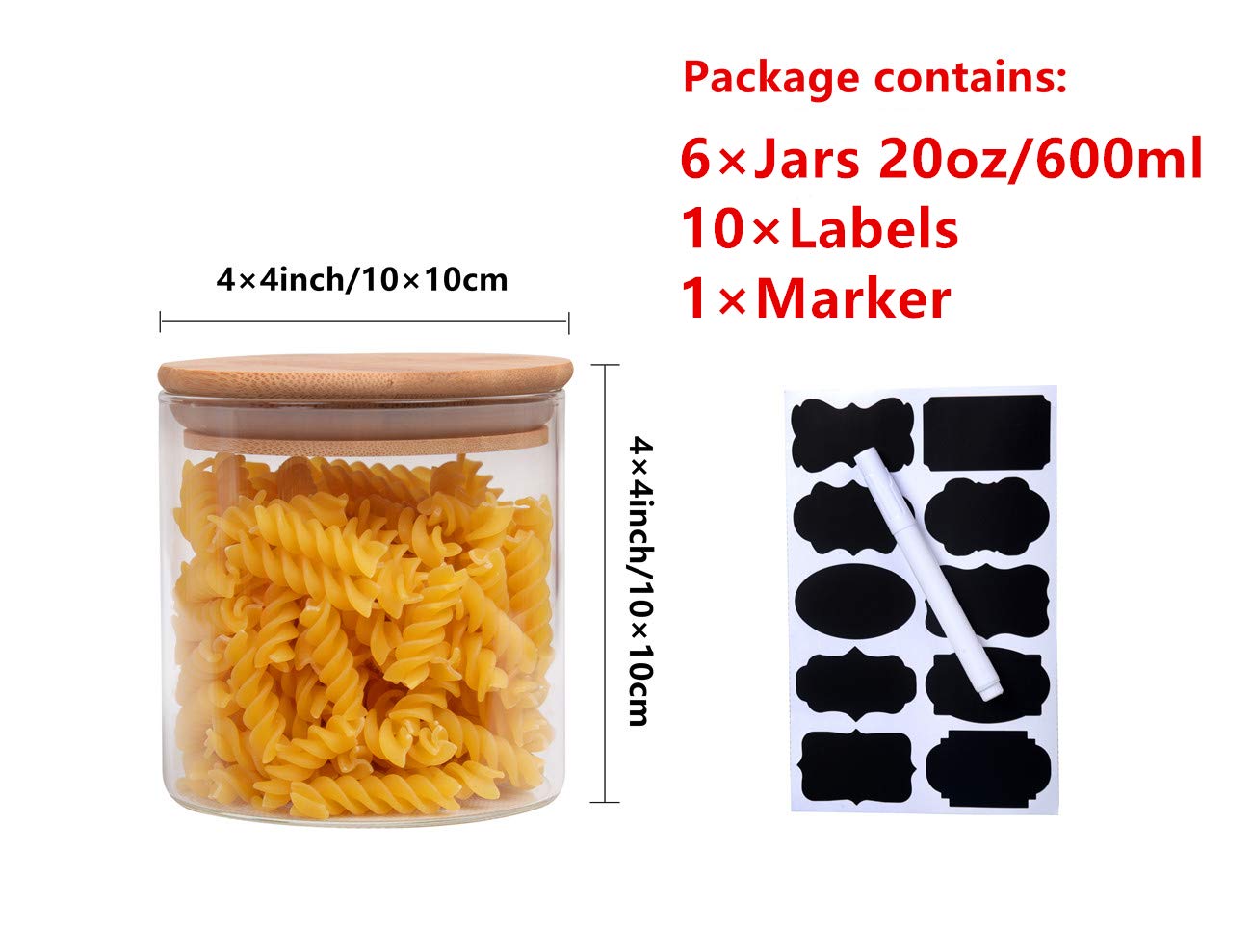 6 Piece Glass Storage Jars Set with Airtight Bamboo Lids and Labels, 20oz/600ml Glass Spice Jars Food Storage Containers for Home Kitchen,Pantry, Tea, Sugar, Salt, Coffee, Flour, Herbs, Grains