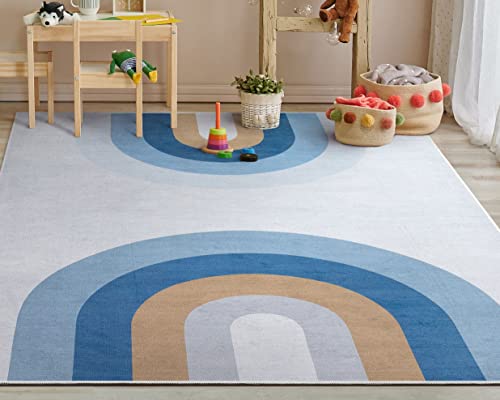 Well Woven Kids Rugs Twilight Rainbow 5' x 7' Blue Modern Printed Machine Washable Area Rug