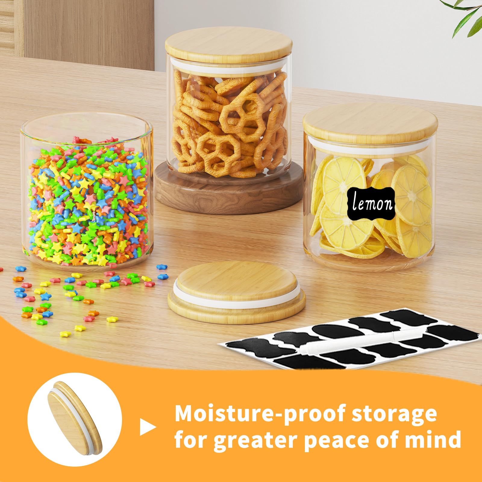6 Piece Glass Storage Jars Set with Airtight Bamboo Lids and Labels, 20oz/600ml Glass Spice Jars Food Storage Containers for Home Kitchen,Pantry, Tea, Sugar, Salt, Coffee, Flour, Herbs, Grains