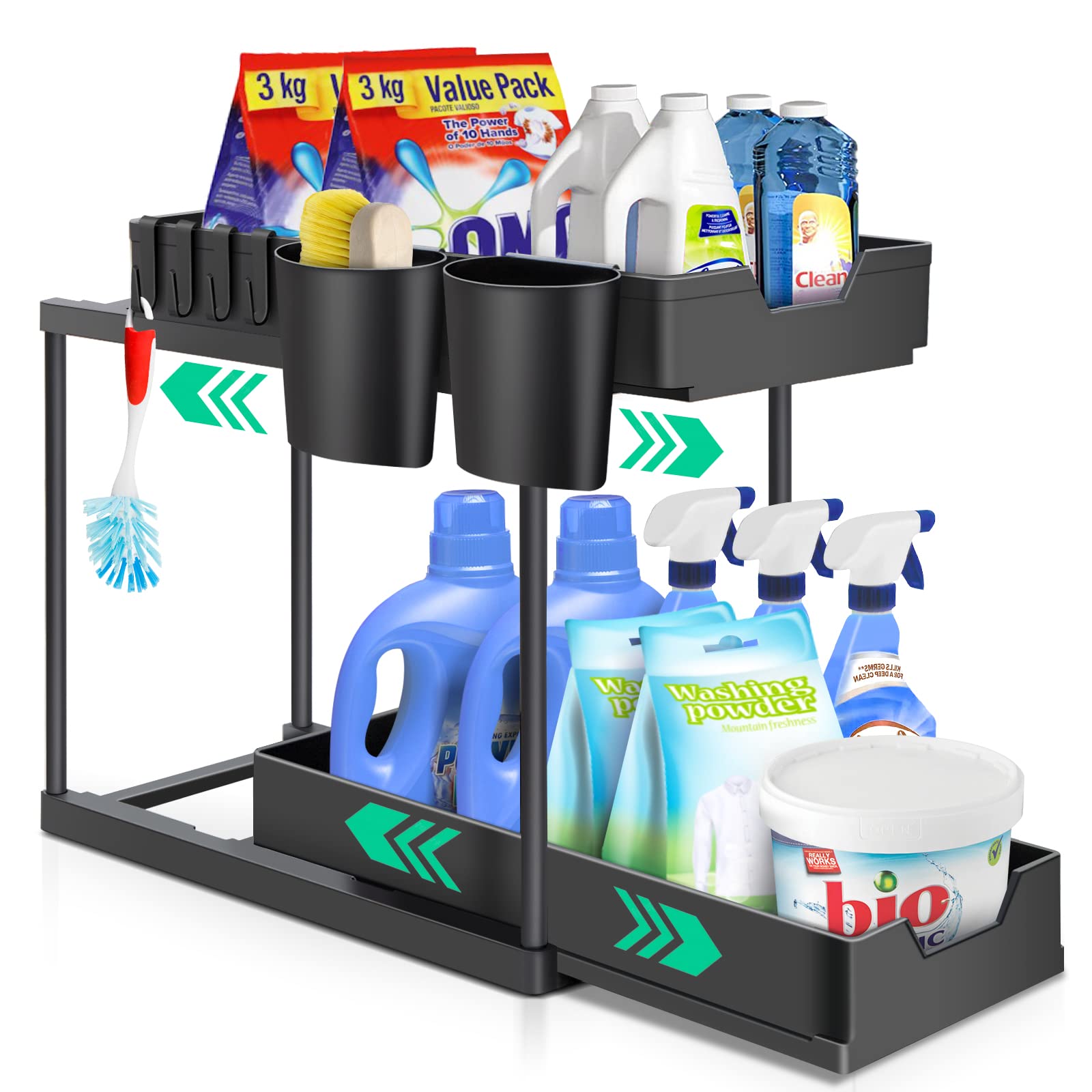 VTVTKK Double Sliding Cabinet Organizer Drawer, Under Sink Organizers and Storage, 2 Tier Under Sink Organizer with 4 Hooks, 2 Hanging Cups, Bathroom Cabinet Organizer for Kitchen Bathroom Cabinet
