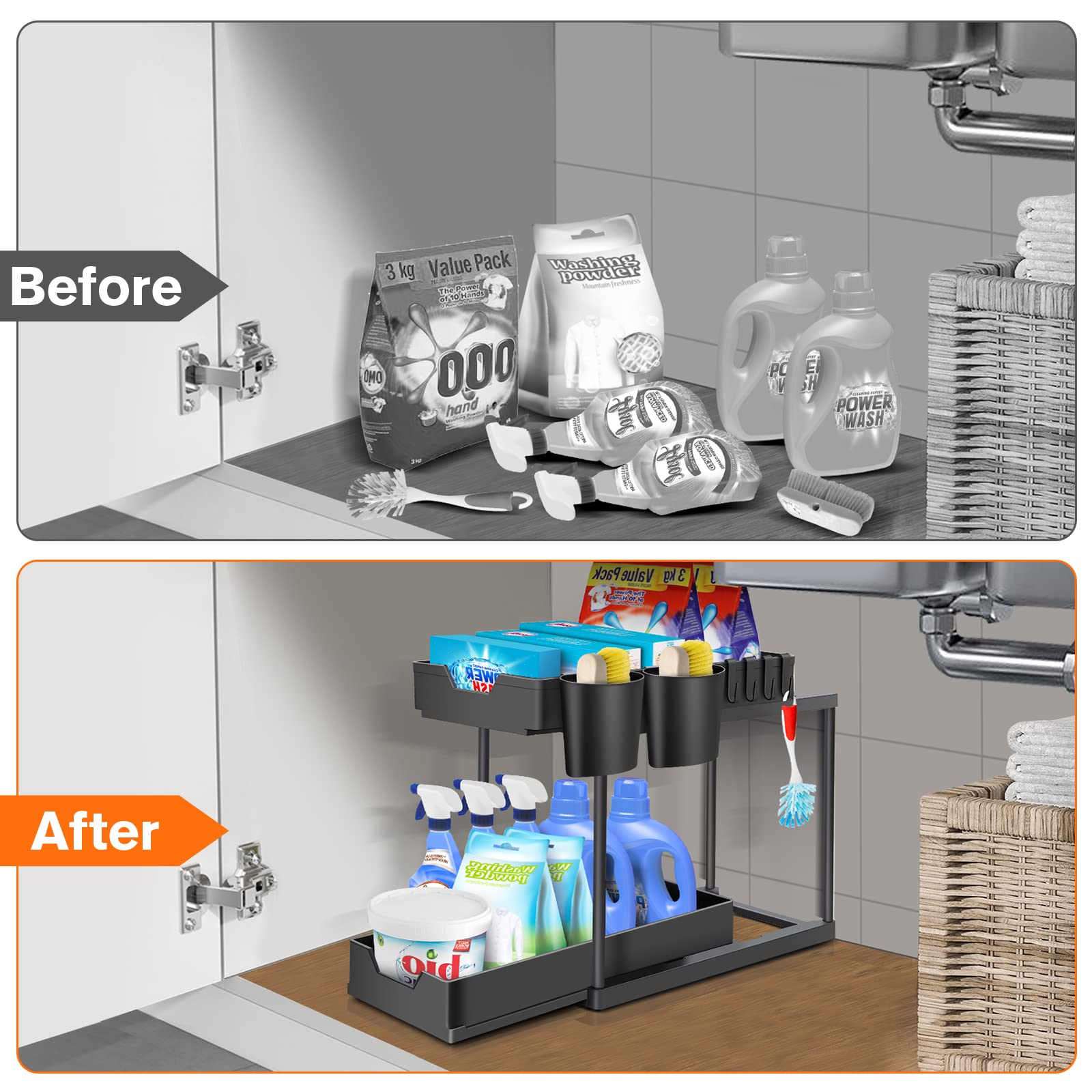 VTVTKK Double Sliding Cabinet Organizer Drawer, Under Sink Organizers and Storage, 2 Tier Under Sink Organizer with 4 Hooks, 2 Hanging Cups, Bathroom Cabinet Organizer for Kitchen Bathroom Cabinet