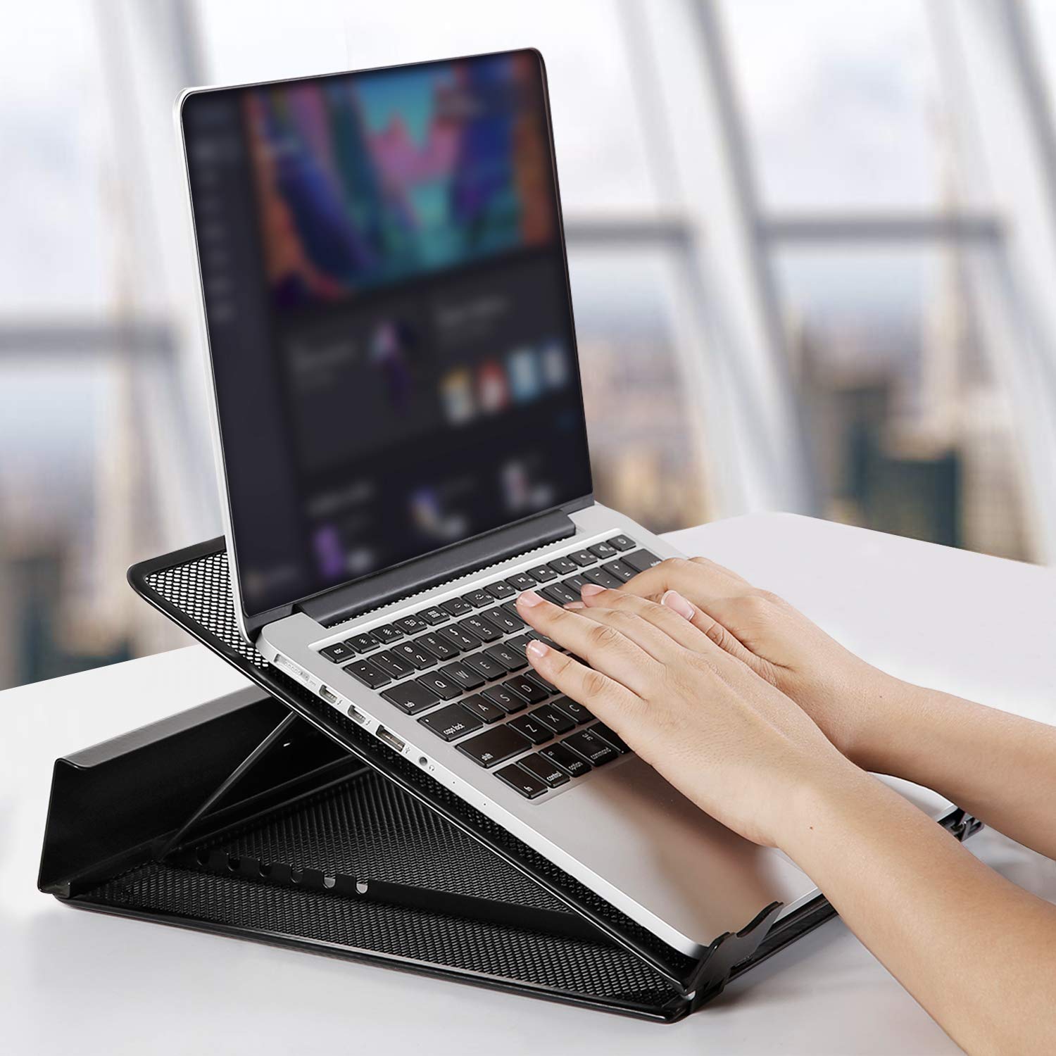 DESIGNA Metal Mesh Ventilated Adjustable Laptop Stands Computer Notebook Holder Stand Riser Compatible with Apple MacBook Air Pro Dell XPS HP Samsung Lenovo More Laptops up to 19"- Black