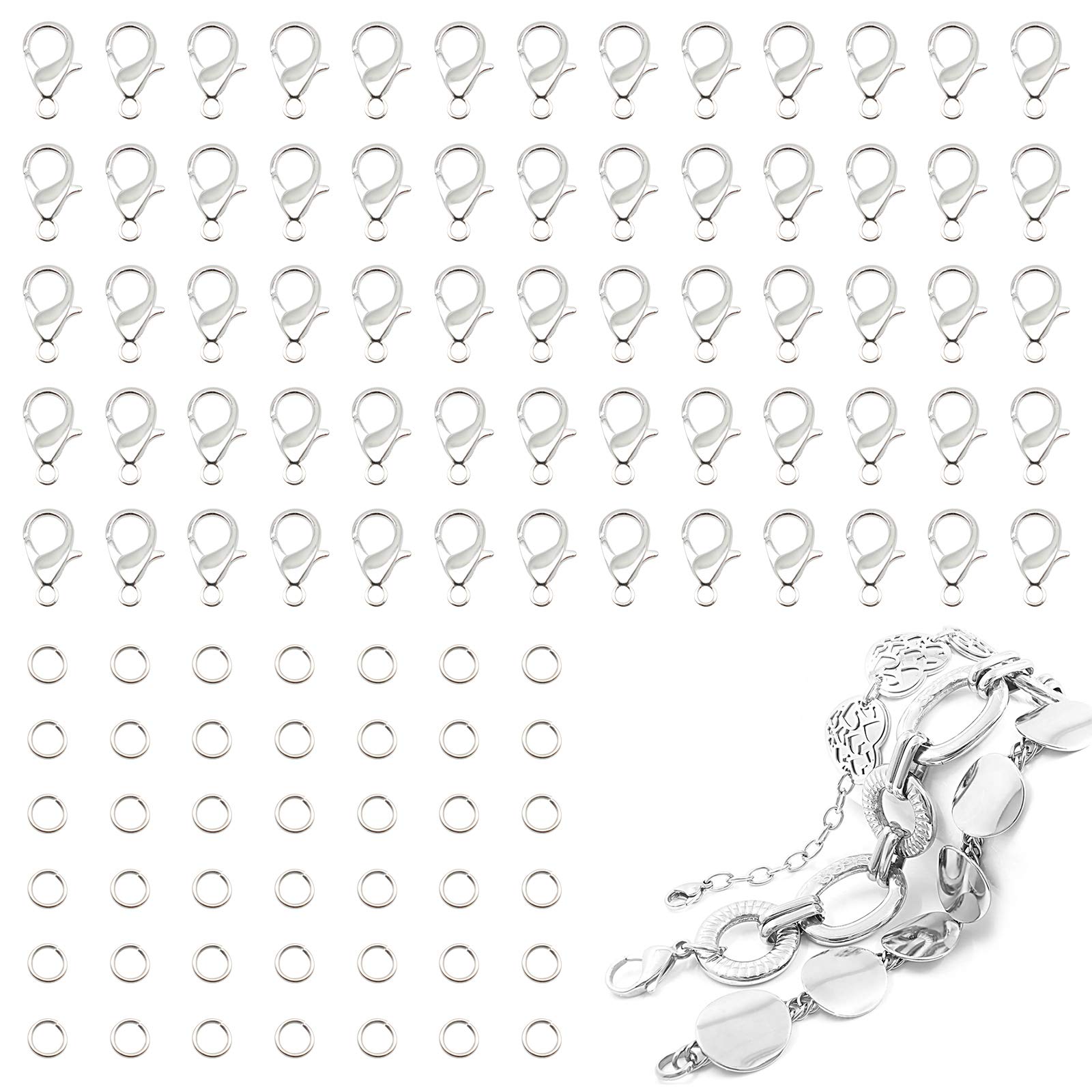 Lobster Clasps for Jewelry Making, FENGWANGLI 300 Pcs 12mm Silver Lobster Claw Clasps with Jump Rings for DIY Necklace Bracelets(Silver)