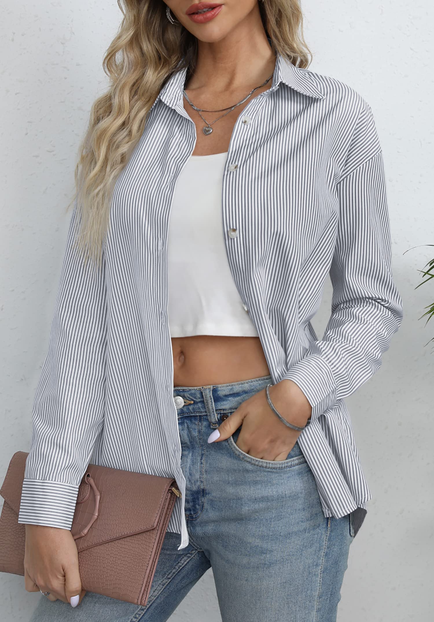 Diosun Womens Striped Button Down Shirts Classic Long Sleeve Stylish Collared Office Work Blouses Tops (Large, Grey)