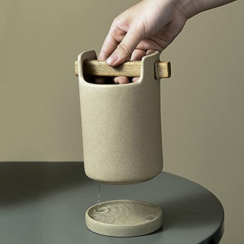 QualKits Kitchen Utensil Holder With Acacia Wood Handle, Utensil Storage, organizer, Countertop Utensil Holder, Ceramic Utensil Caddy (Natural)