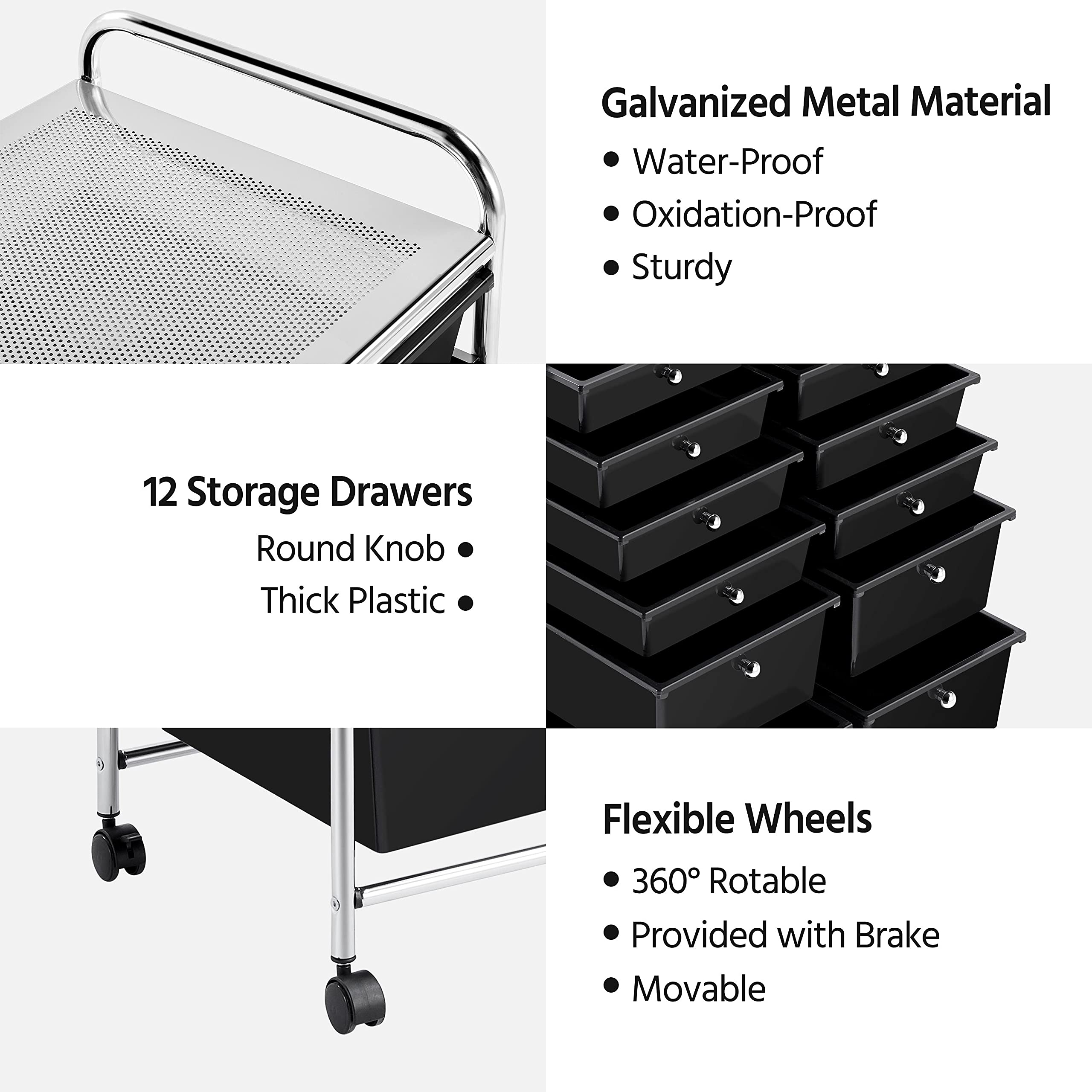 Yaheetech 12 Drawers Rolling Storage Cart Multipurpose Movable Organizer Cart Storage Bin Trolley Tools Scrapbook Paper Organizer on Wheels, Black