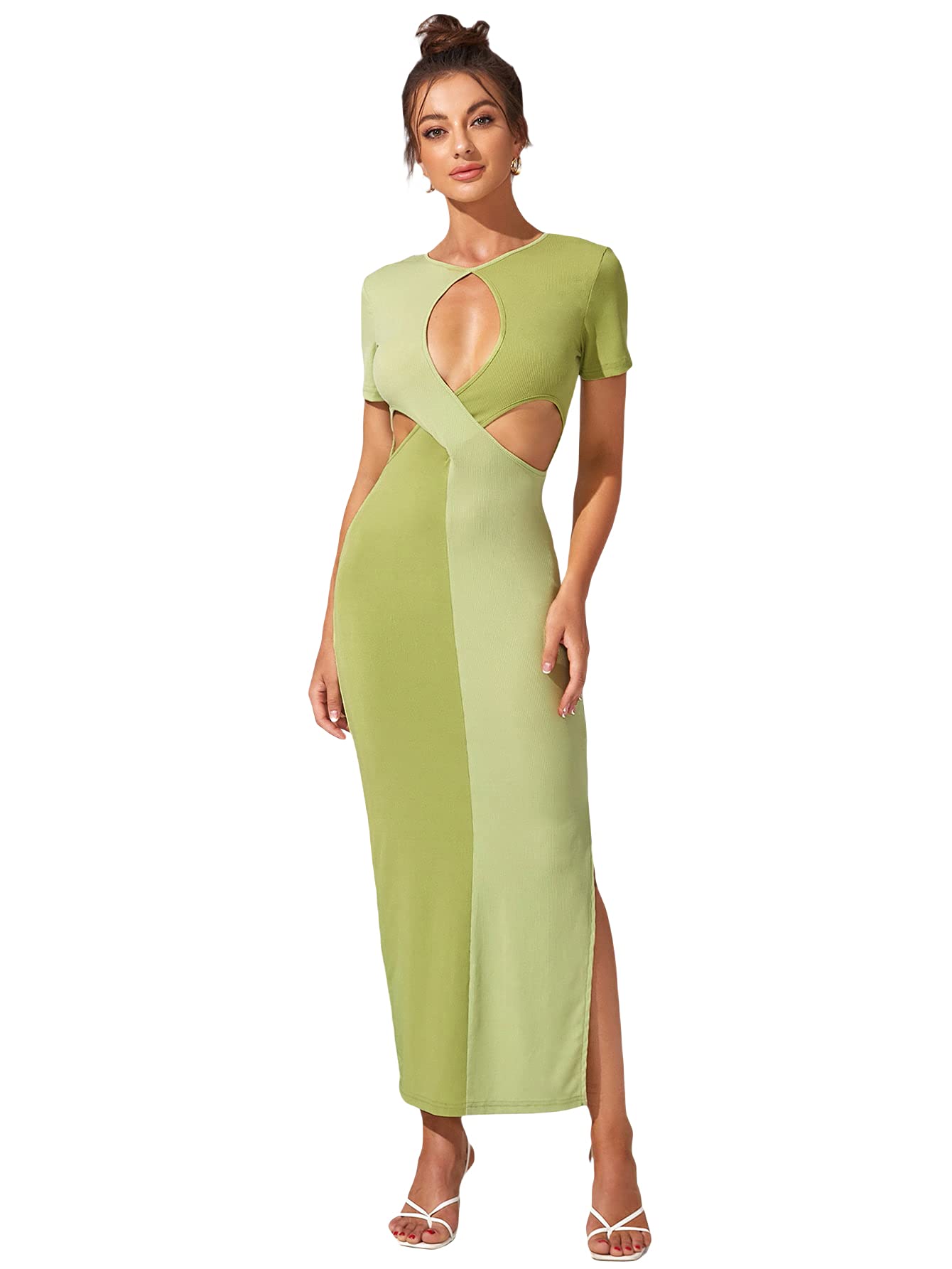 WDIRARA Women's Sexy Cut Out Keyhole Front Dress Split Side Hem Colorblock Short Sleeve Bodycon Casual Maxi Dresses Green M