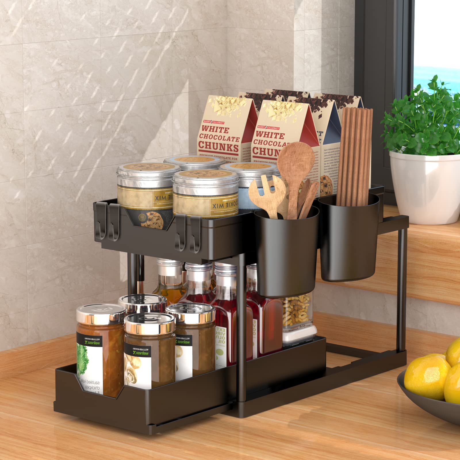 VTVTKK Double Sliding Cabinet Organizer Drawer, Under Sink Organizers and Storage, 2 Tier Under Sink Organizer with 4 Hooks, 2 Hanging Cups, Bathroom Cabinet Organizer for Kitchen Bathroom Cabinet