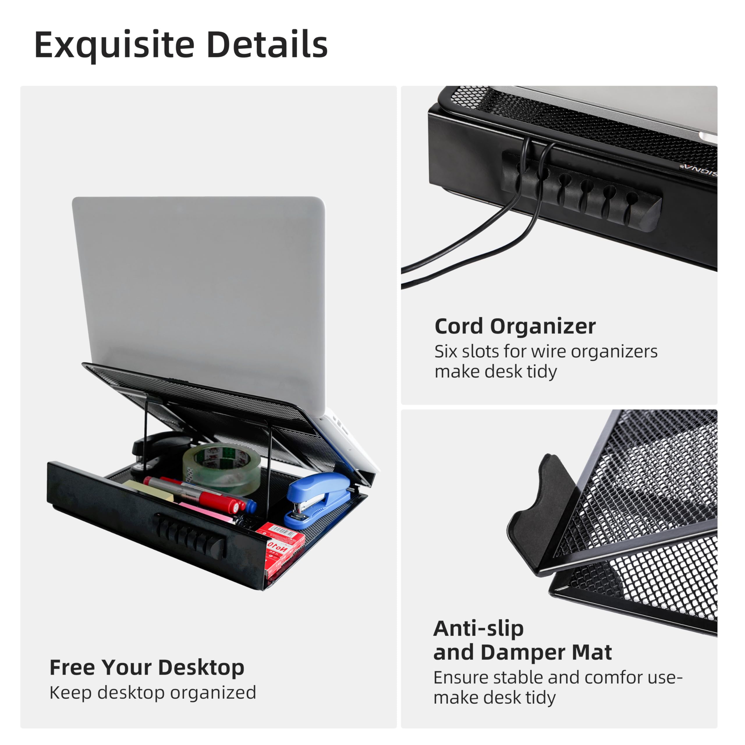 DESIGNA Metal Mesh Ventilated Adjustable Laptop Stands Computer Notebook Holder Stand Riser Compatible with Apple MacBook Air Pro Dell XPS HP Samsung Lenovo More Laptops up to 19"- Black