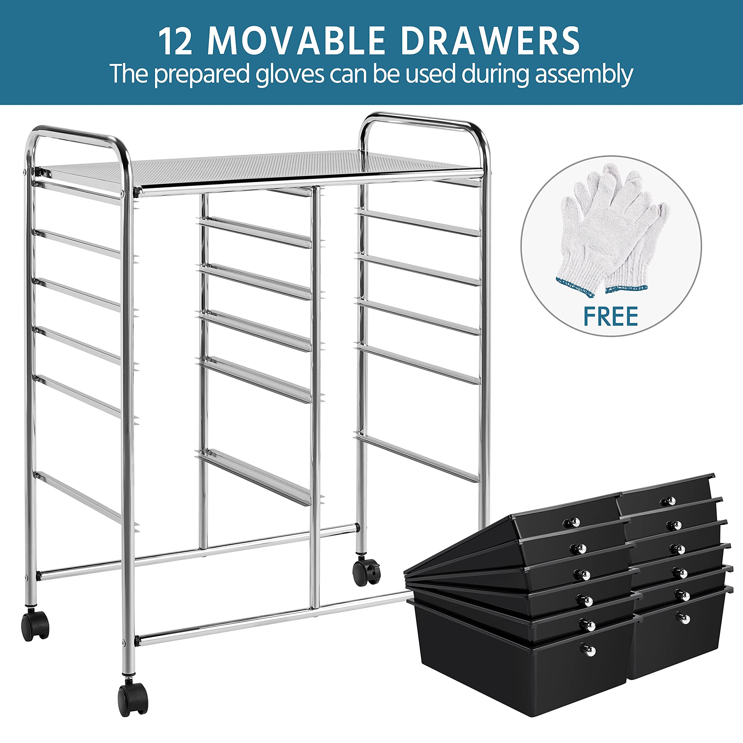 Yaheetech 12 Drawers Rolling Storage Cart Multipurpose Movable Organizer Cart Storage Bin Trolley Tools Scrapbook Paper Organizer on Wheels, Black