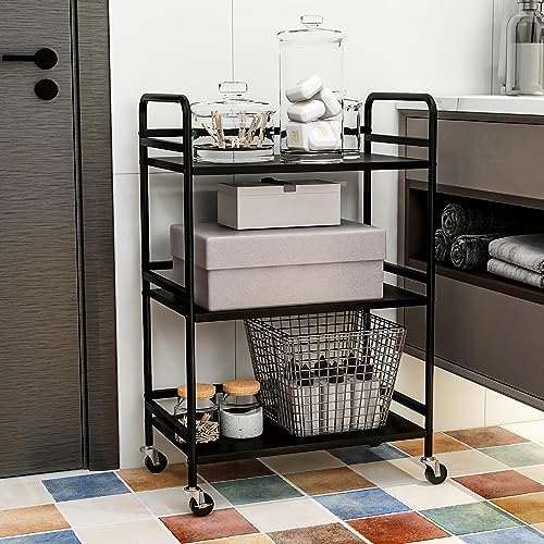 Metal Rolling Cart with 3-Tier Storage Rack,3-Tier Rolling Cart, Utility Cart,Versatile Large Capacity Heavy Duty Cart,Cart with Lockable Wheels,Multifunctional Storage Rack(Black)…