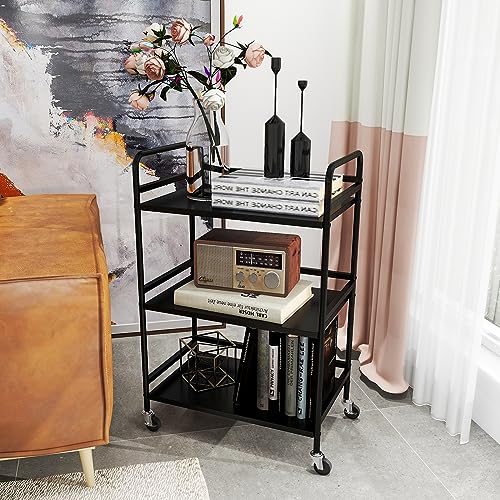 Metal Rolling Cart with 3-Tier Storage Rack,3-Tier Rolling Cart, Utility Cart,Versatile Large Capacity Heavy Duty Cart,Cart with Lockable Wheels,Multifunctional Storage Rack(Black)…