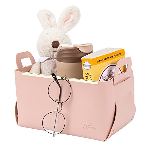 Foldable Storage Bins for Table and Desktop, Fancy Indoor Decorative Leatheroid Storage Basket Tray Collapsible Ideal for Keys Remote Cellphone Notes DVD, Pink