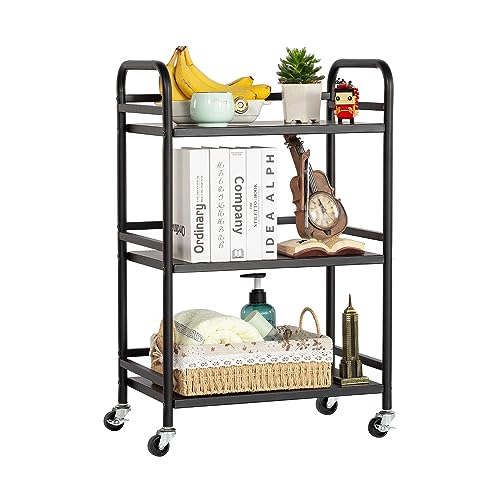 Metal Rolling Cart with 3-Tier Storage Rack,3-Tier Rolling Cart, Utility Cart,Versatile Large Capacity Heavy Duty Cart,Cart with Lockable Wheels,Multifunctional Storage Rack(Black)…