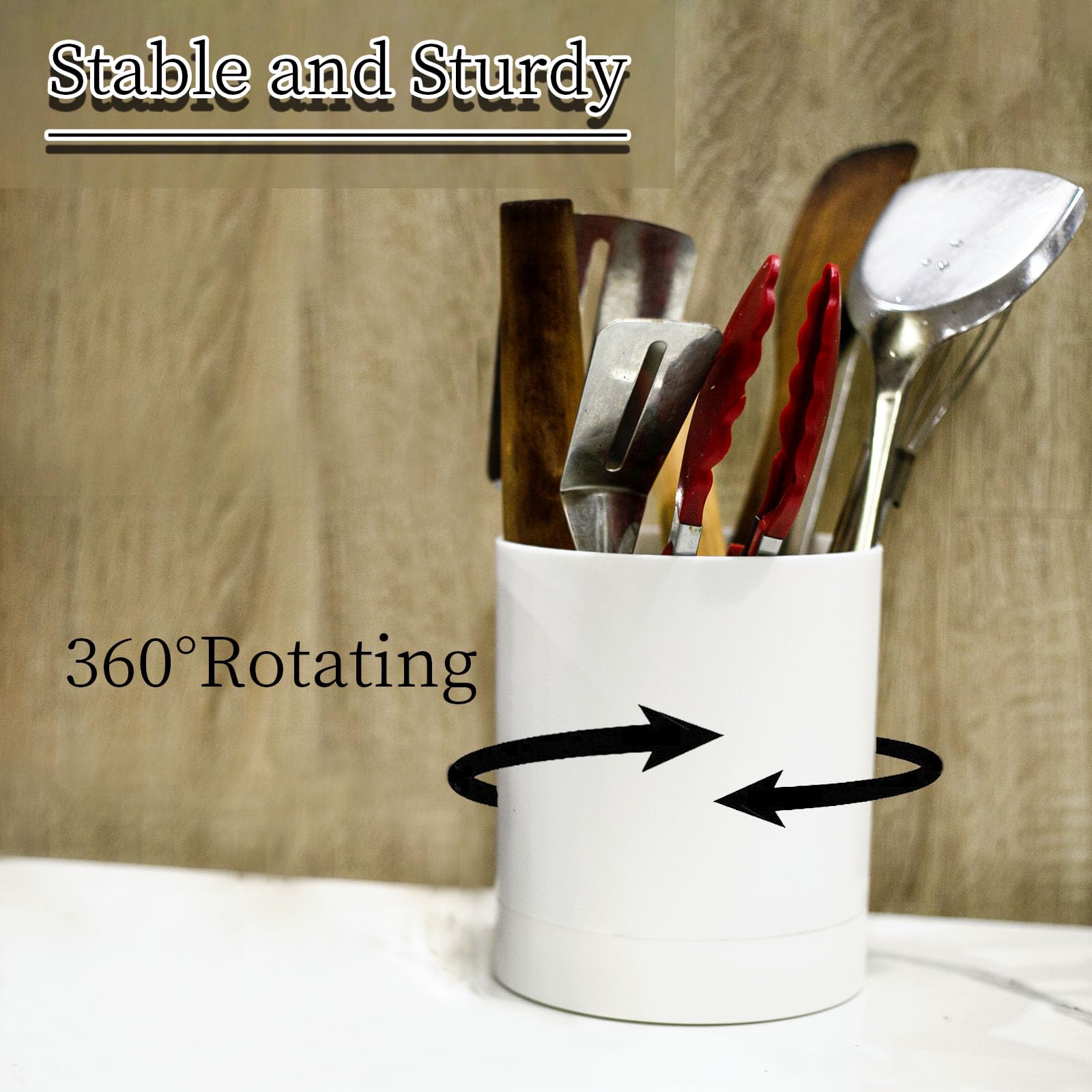 CrafArcher Large Kitchen Utensil Holder, 360° Rotating Plastic Utensil Caddy, Kitchen Countertop Utensil Kitchen Tools and Gadgets Organizer White 5.7" D x 6.5" H
