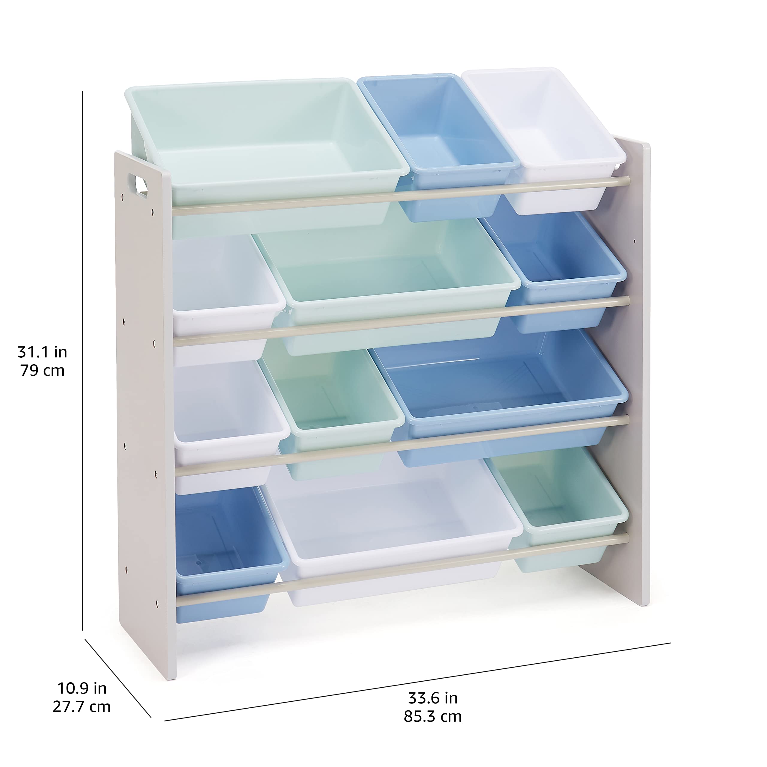 Amazon Basics Kids Toy Storage Organizer with 12 Plastic Bins - Grey Wood with Blue Bins