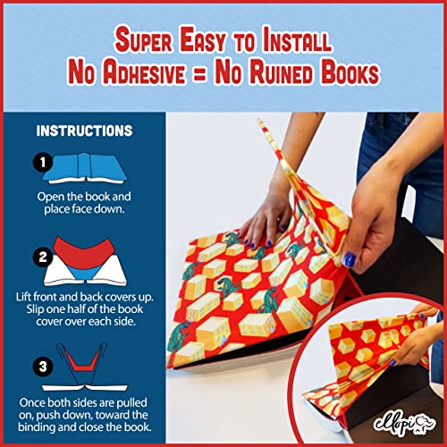 Fun Design, Easy Apply Book Covers 3 Pack. Stretchable Jumbo Jackets Fits Most Hardcover Textbooks Up to 9 x 11". Adhesive-Free, Nylon Fabric Protectors. Washable and Reusable Student School Supply