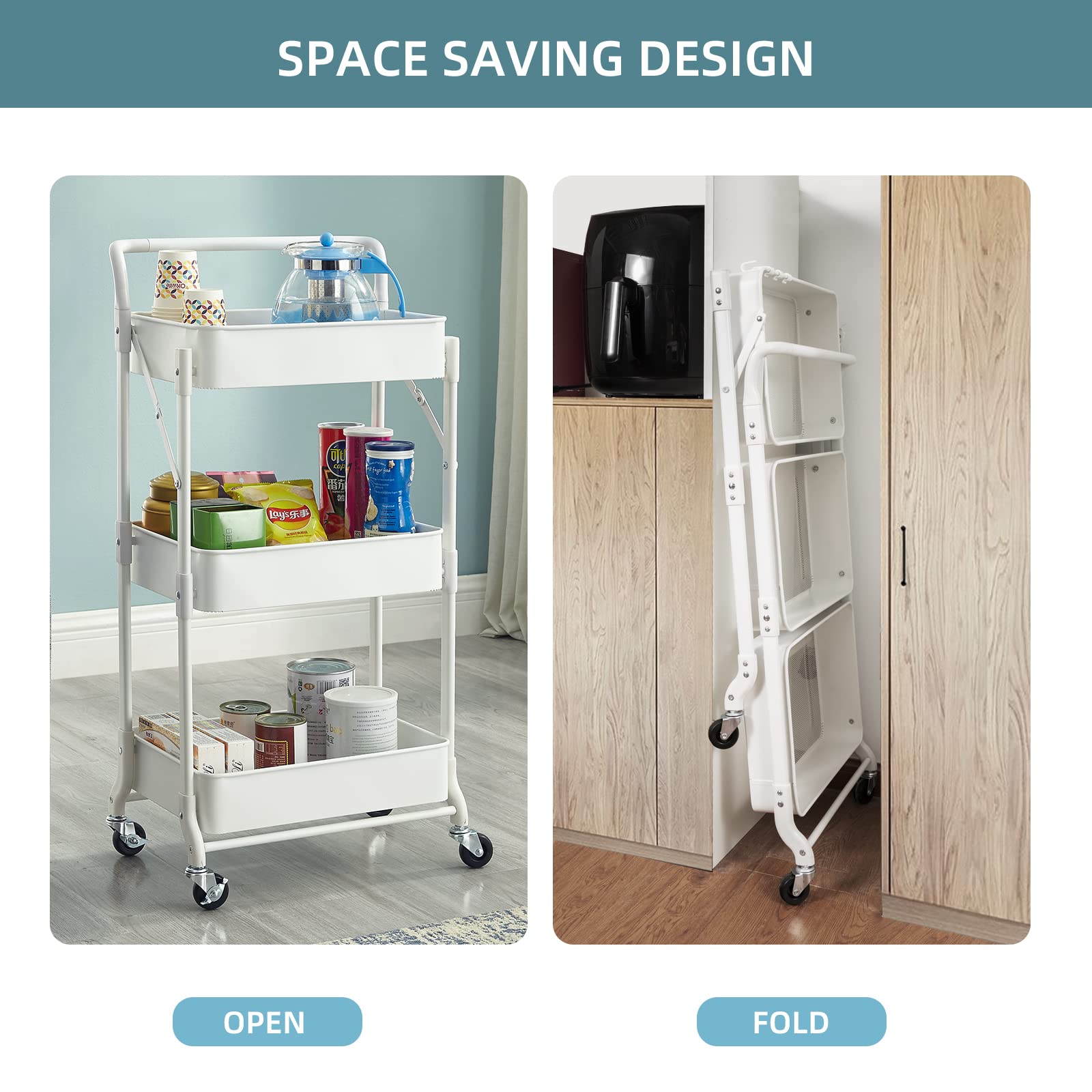 Amatic 3 Tier Foldable Metal Rolling Cart, Collapsible Rolling Storage Organizer with Wheels, Folding Laundry Utility Cart for Kitchen & Office, Include 3 Hanging Cups & 6 Hooks (White)