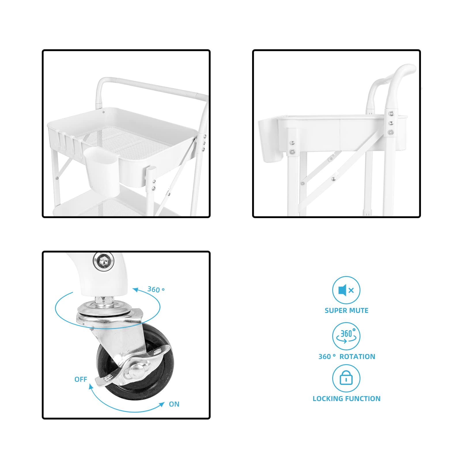 Amatic 3 Tier Foldable Metal Rolling Cart, Collapsible Rolling Storage Organizer with Wheels, Folding Laundry Utility Cart for Kitchen & Office, Include 3 Hanging Cups & 6 Hooks (White)