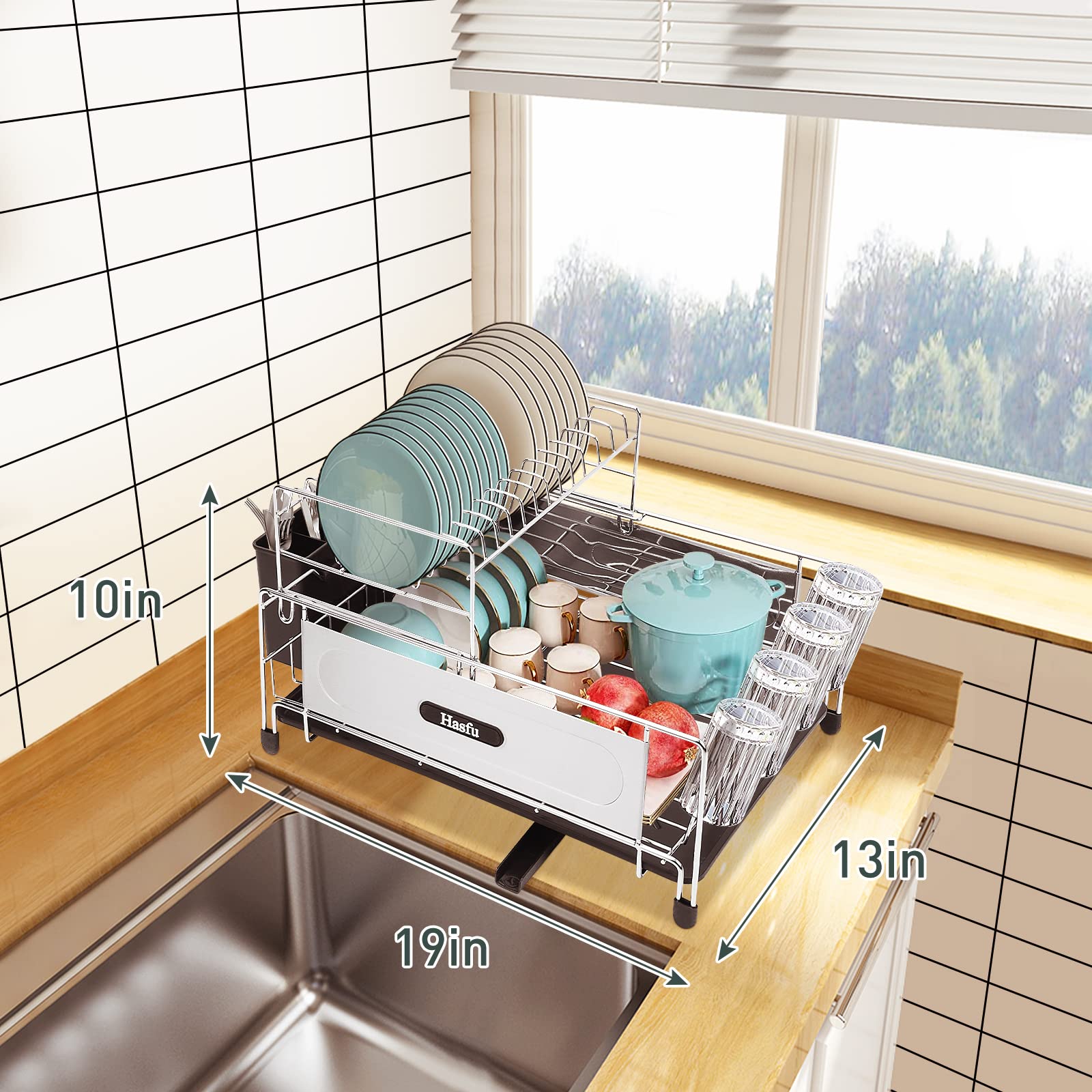 Hasfu Large Dish Drying Rack with Drainboard Set, 2 Tier Stainless Steel Dish Racks for Kitchen Counter, with Drainboard, Utensil Holder, Glass Holder,Silicone Anti-Skid Support (Black)