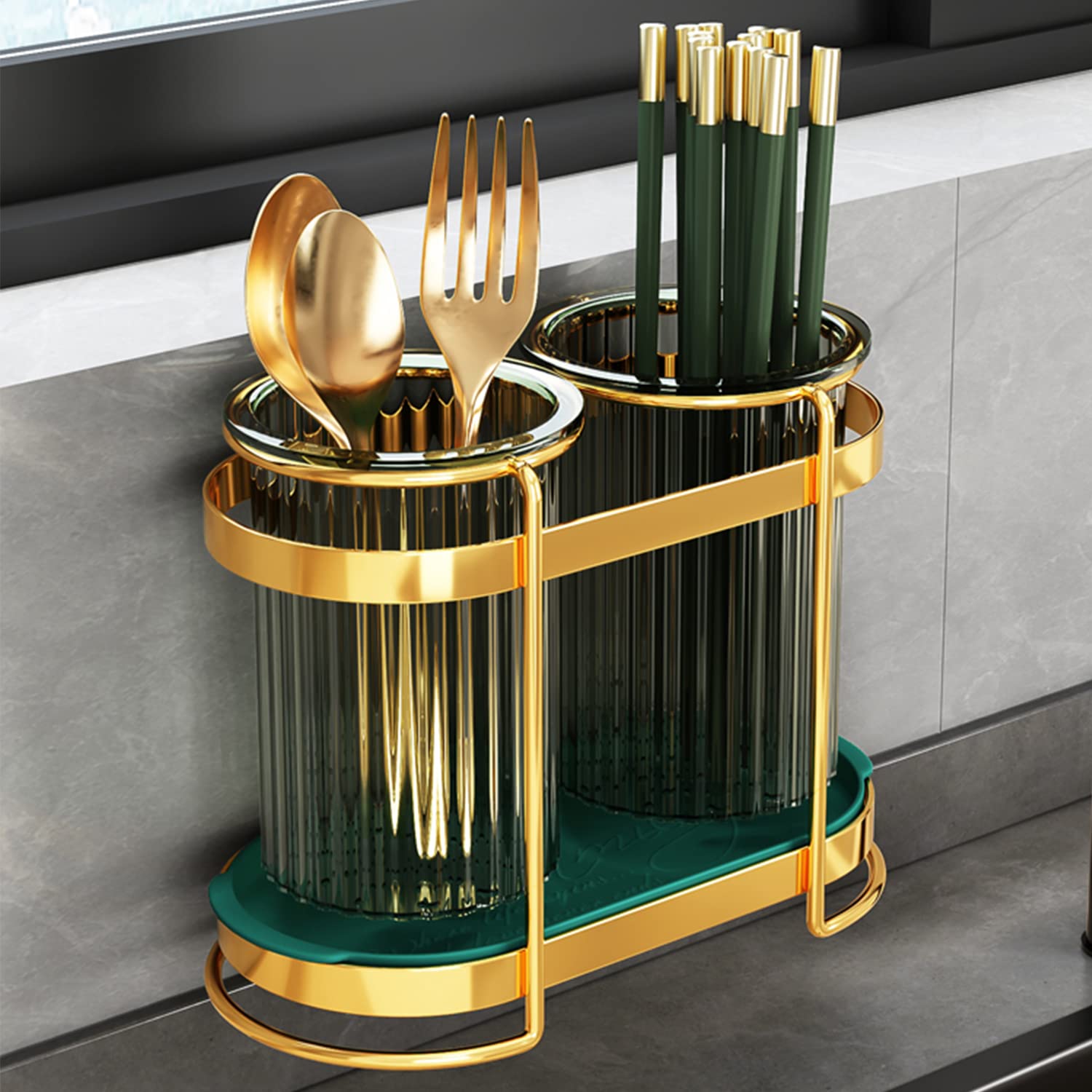 Esusom Utensil Holder 2-slot for Kitchen Countertop or Table, Plastic Silverware Storage Organizer Caddy Wall Mount or Stand, Anti-Rust Cutlery Holder for Spoons, Forks, Knives and Chopsticks