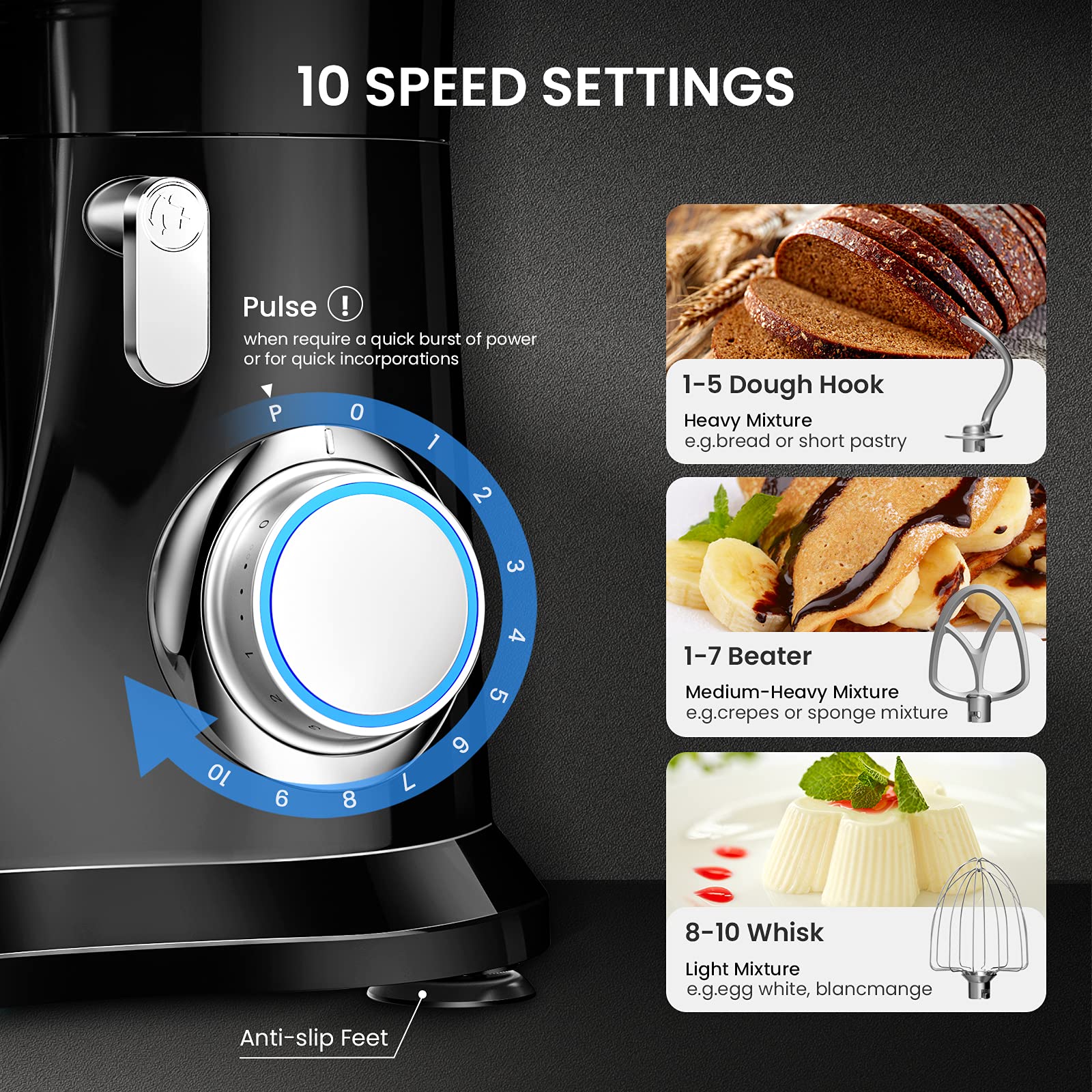 Stand Mixer, KICHOT 10+P Speed 4.8 Qt. Household Stand Mixers, Tilt-Head Dough Mxier with Dough Hook, Beater, Wire Whisk & Splash Guard Attachments for Baking, Cake, Cookie, Kneading, SM-1533