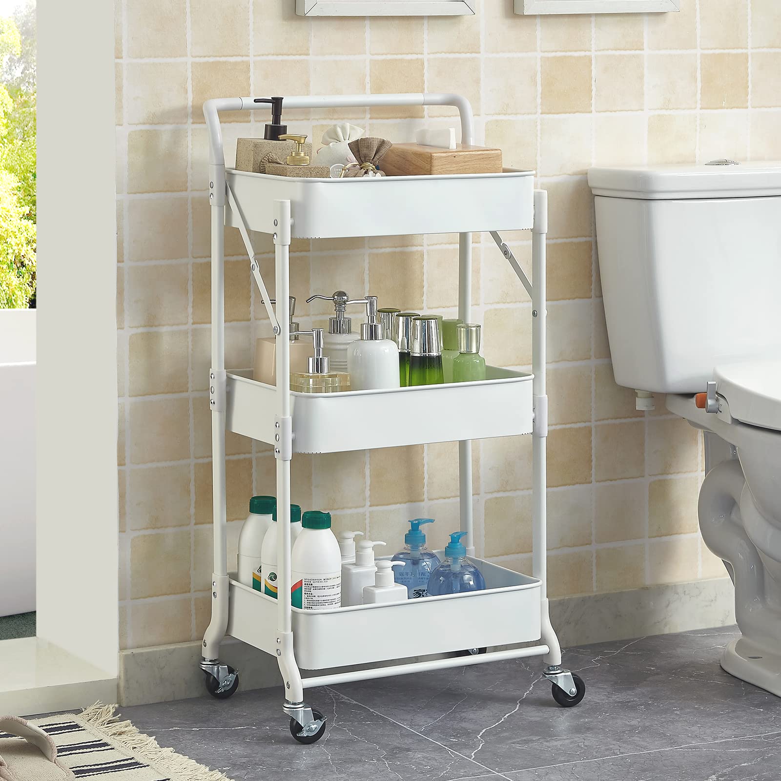 Amatic 3 Tier Foldable Metal Rolling Cart, Collapsible Rolling Storage Organizer with Wheels, Folding Laundry Utility Cart for Kitchen & Office, Include 3 Hanging Cups & 6 Hooks (White)