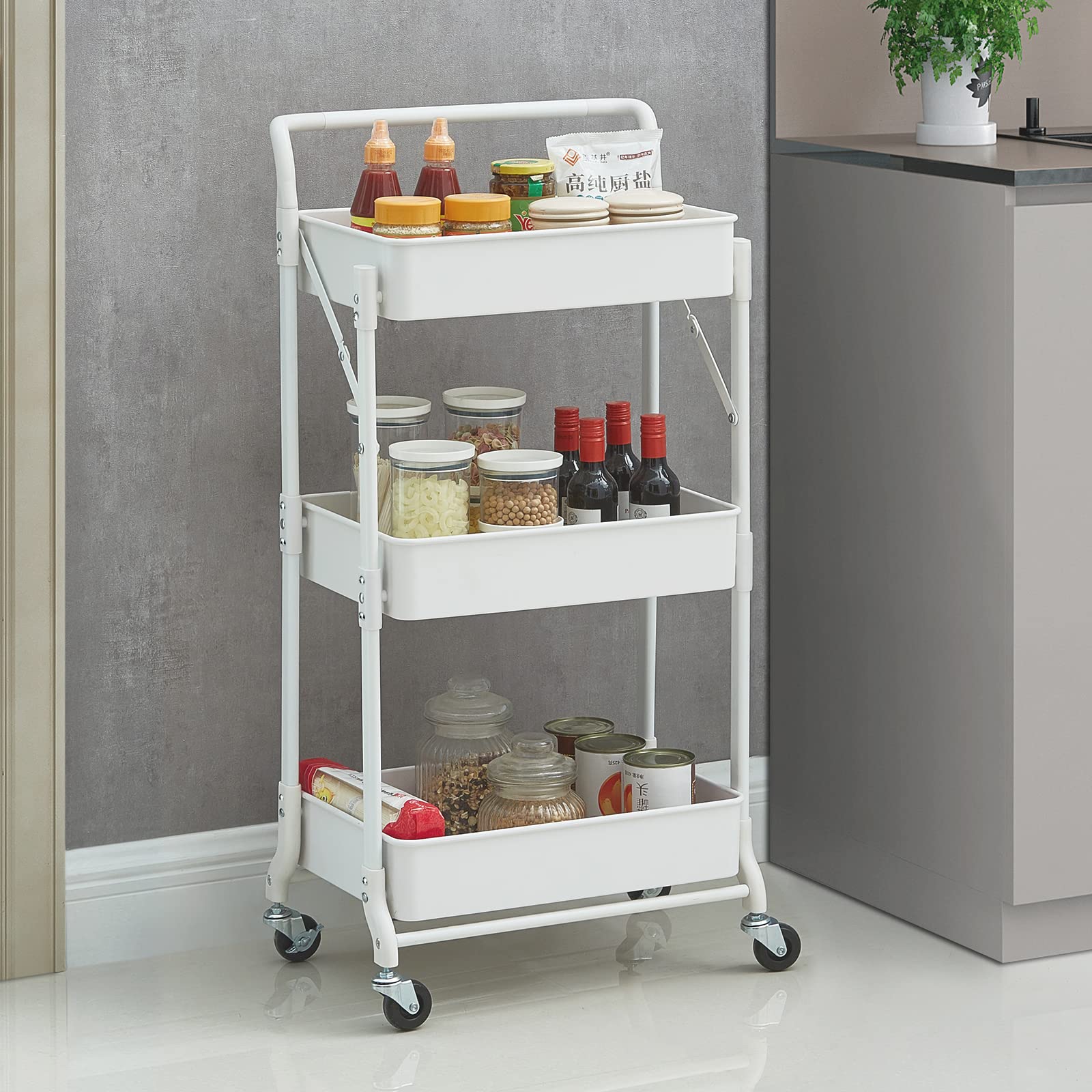 Amatic 3 Tier Foldable Metal Rolling Cart, Collapsible Rolling Storage Organizer with Wheels, Folding Laundry Utility Cart for Kitchen & Office, Include 3 Hanging Cups & 6 Hooks (White)