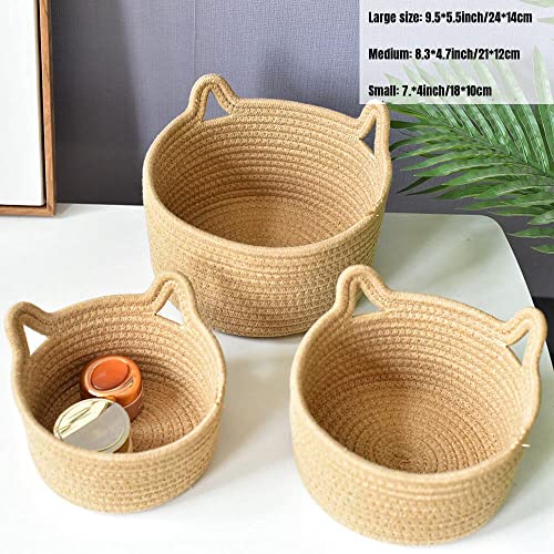3-Piece Storage Basket Set, round woven basket,Natural Cotton Rope Woven Baskets with Handle for Organizing, Storage Basket, Decorative Woven Basket, Shelf Storagebag, Khaki