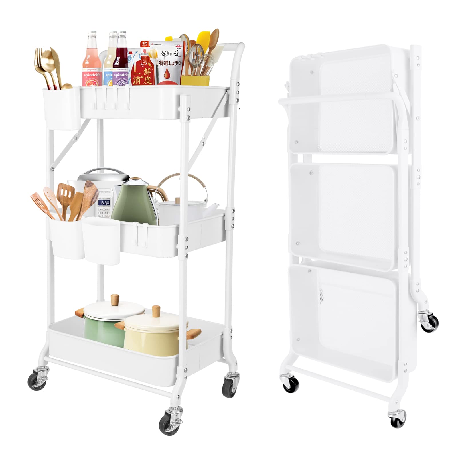 Amatic 3 Tier Foldable Metal Rolling Cart, Collapsible Rolling Storage Organizer with Wheels, Folding Laundry Utility Cart for Kitchen & Office, Include 3 Hanging Cups & 6 Hooks (White)