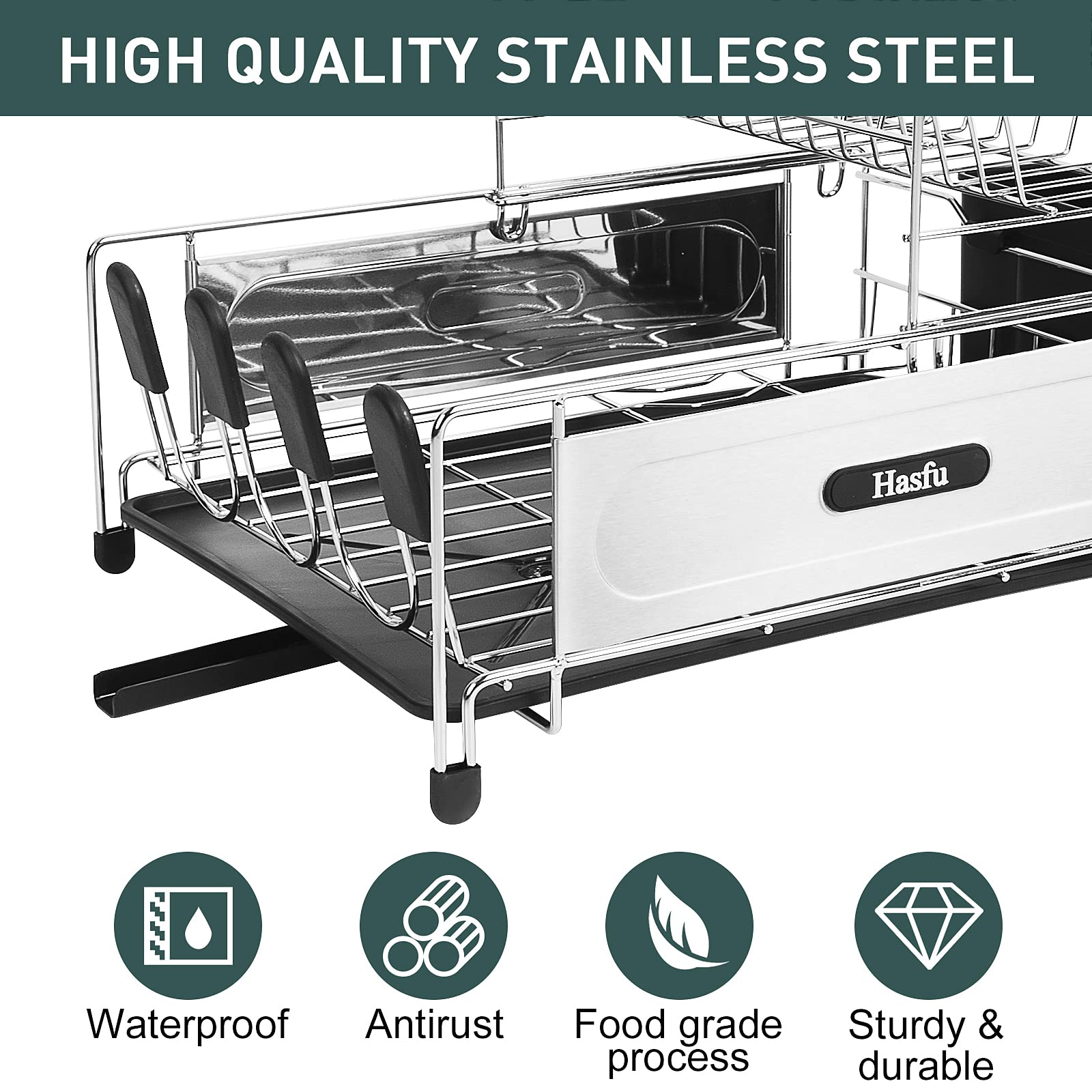 Hasfu Large Dish Drying Rack with Drainboard Set, 2 Tier Stainless Steel Dish Racks for Kitchen Counter, with Drainboard, Utensil Holder, Glass Holder,Silicone Anti-Skid Support (Black)