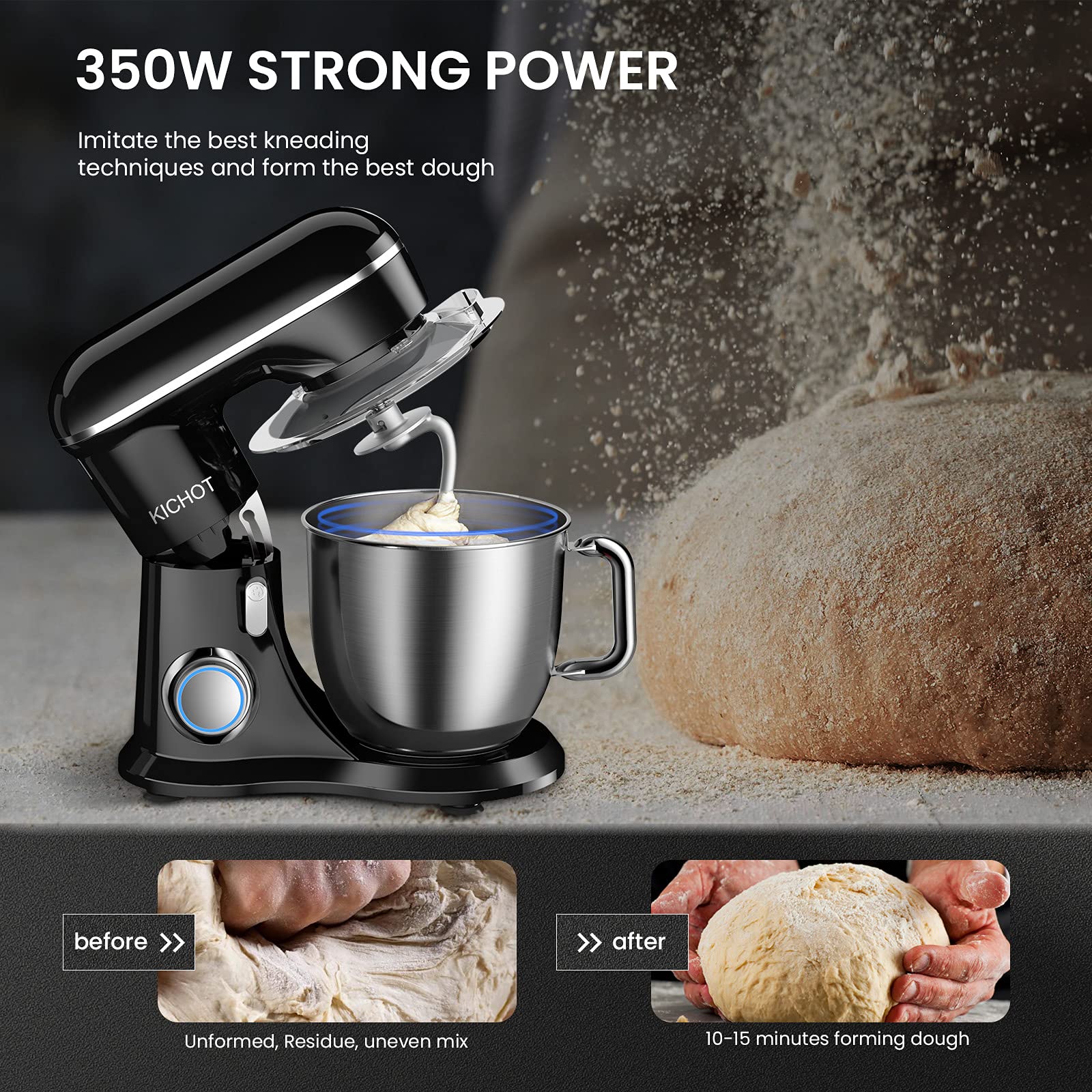 Stand Mixer, KICHOT 10+P Speed 4.8 Qt. Household Stand Mixers, Tilt-Head Dough Mxier with Dough Hook, Beater, Wire Whisk & Splash Guard Attachments for Baking, Cake, Cookie, Kneading, SM-1533