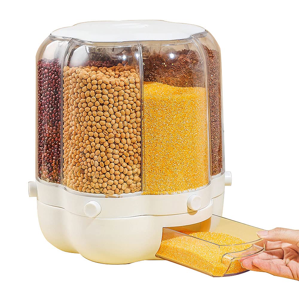 NBHH 32Lbs Rice Grain Dispenser, 360° Rotating Grain Storage Food Dispenser,6 Grids Rotating Cereal Grain Kitchen Storage Container Rotatable Sealed Grain for All Beans, Barley, Millet