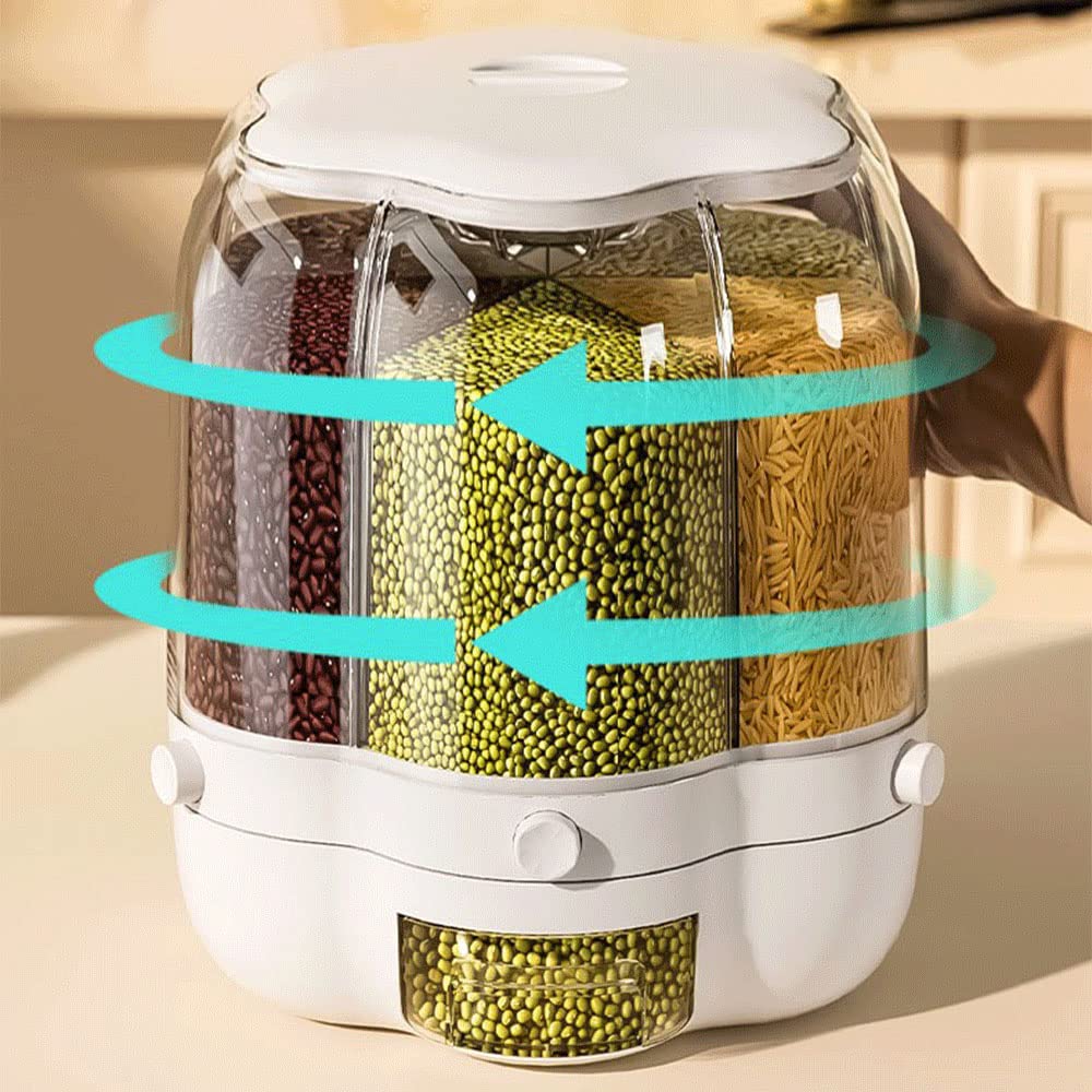 NBHH 32Lbs Rice Grain Dispenser, 360° Rotating Grain Storage Food Dispenser,6 Grids Rotating Cereal Grain Kitchen Storage Container Rotatable Sealed Grain for All Beans, Barley, Millet