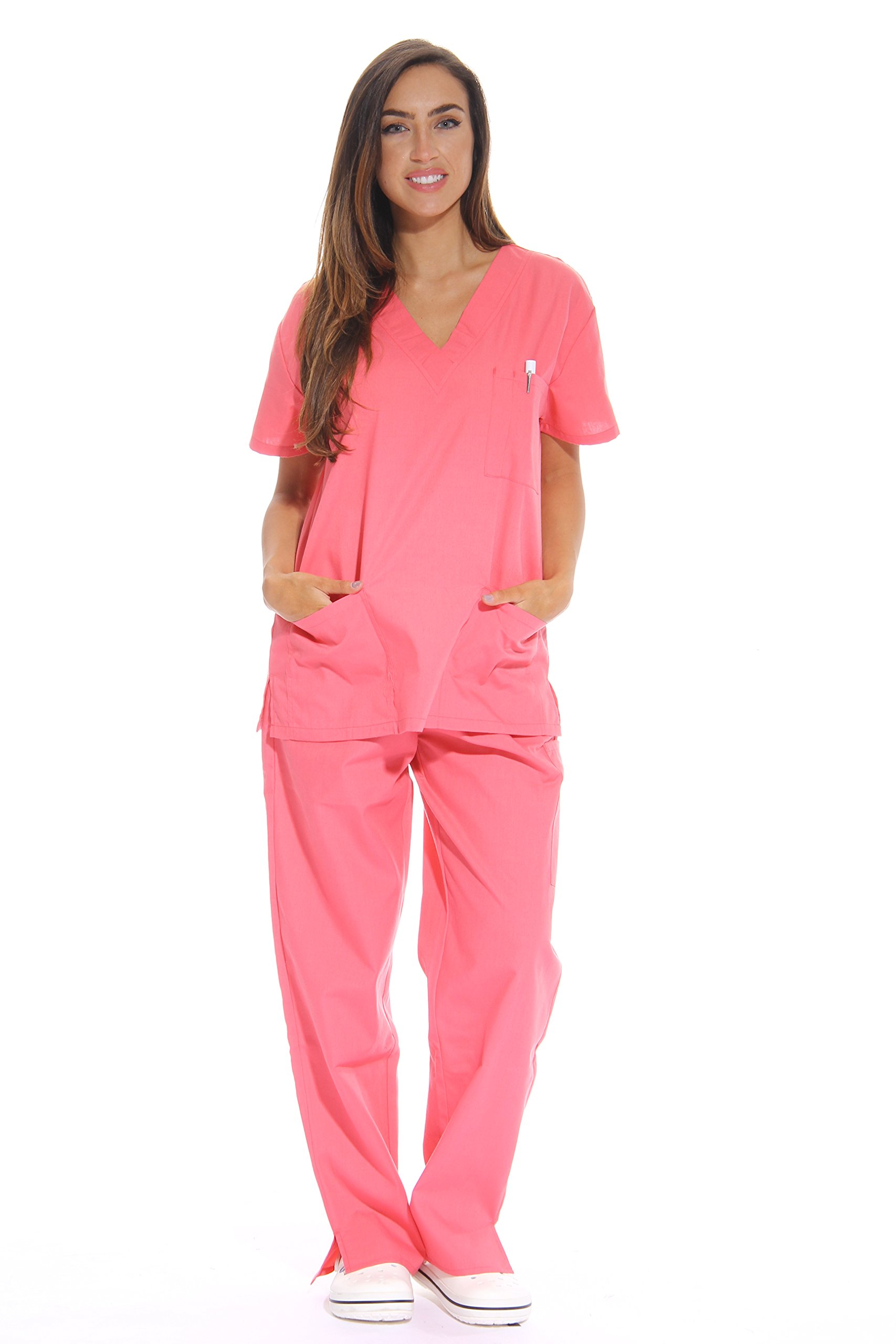 Just Love Women's Scrub Sets Six Pocket Medical Scrubs (V-Neck With Cargo Pant), Coral, 2X