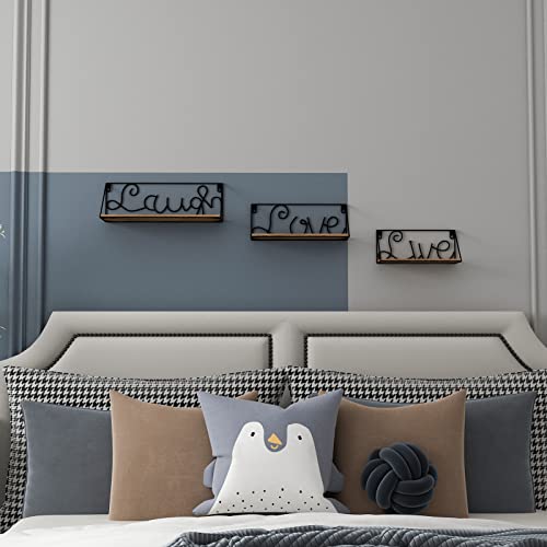 QUTREY Wall Mounted Floating Shelves Set, Live Love Laugh Metal Wall Decor Shelf for Bedroom, Living Room, Kitchen, 3 Packs