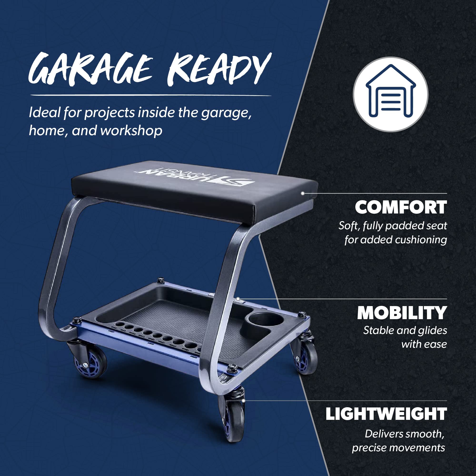 URBANTRANSIT FastBack Shop Stool - 350 Lb Capacity Rolling Stool for The Garage and Workshop, with Organizer Tray and Cupholder - 3 Inch Premium Casters - an Ideal Mechanics Stool or Workshop Stool