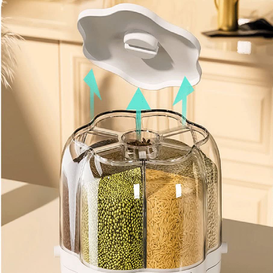 NBHH 32Lbs Rice Grain Dispenser, 360° Rotating Grain Storage Food Dispenser,6 Grids Rotating Cereal Grain Kitchen Storage Container Rotatable Sealed Grain for All Beans, Barley, Millet