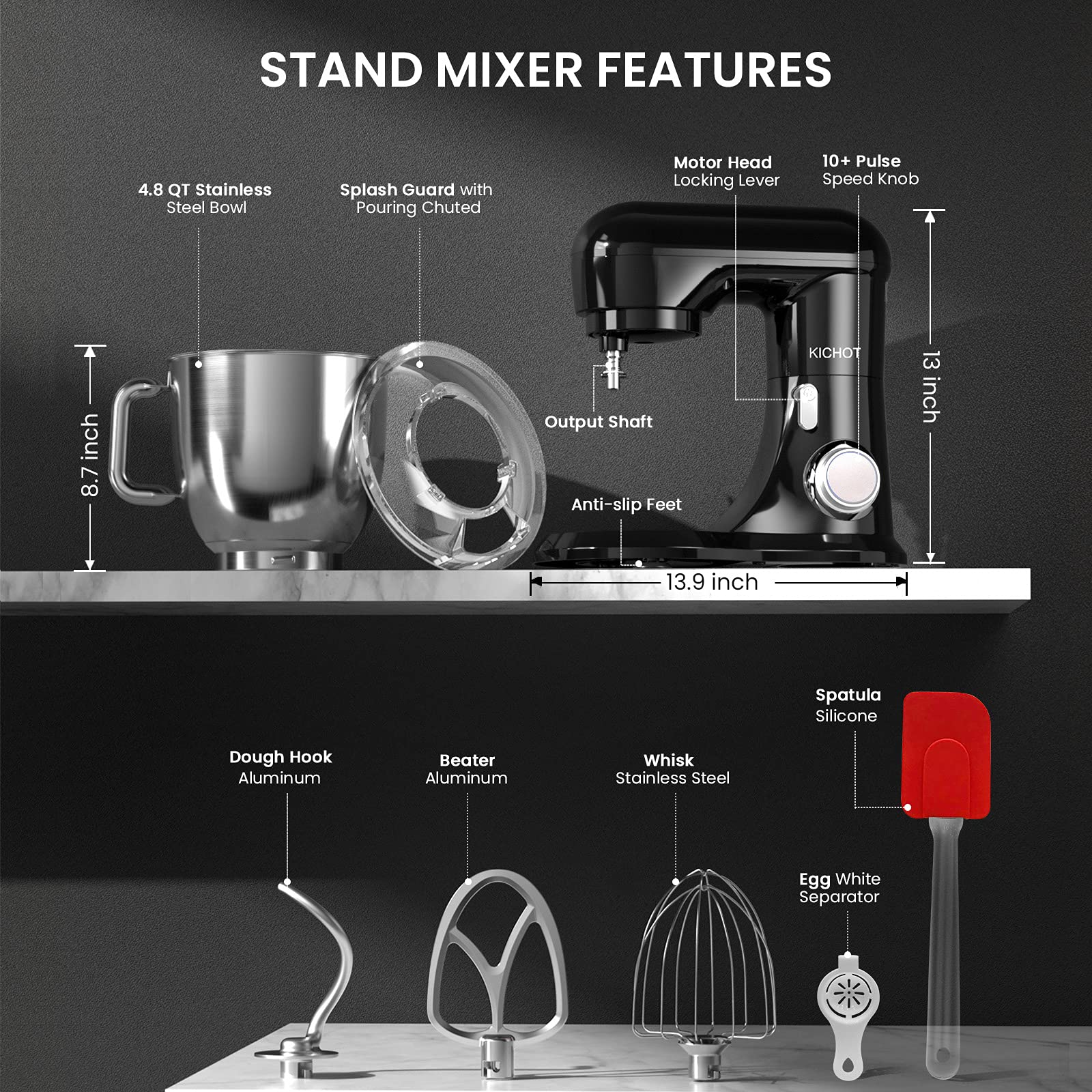 Stand Mixer, KICHOT 10+P Speed 4.8 Qt. Household Stand Mixers, Tilt-Head Dough Mxier with Dough Hook, Beater, Wire Whisk & Splash Guard Attachments for Baking, Cake, Cookie, Kneading, SM-1533