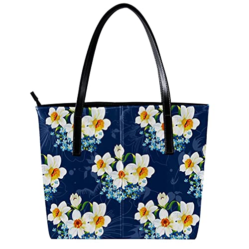 Leather Handbag for Women, Tote Bag Shoulder Hobo Bags for Dating Shopping Daily Purses Daffodils Flower
