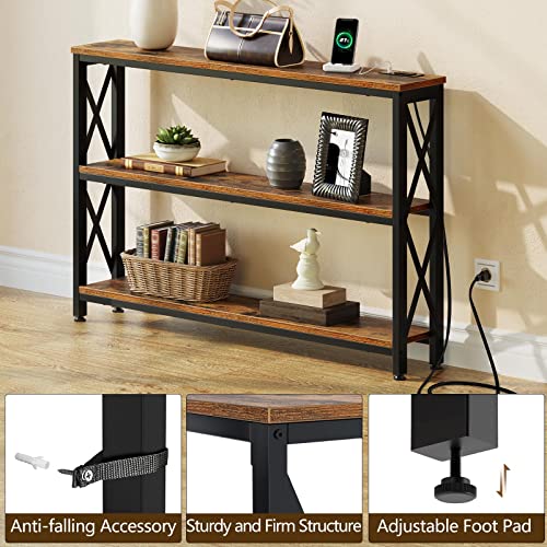 Rolanstar Sofa Table with Charging Station, 3 Tier Narrow Console Table with Storage Shelf and Power Outlet, 47” Entryway Table Metal Frame Behind Sofa Couch Hallway Entrance for Living Room