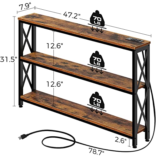 Rolanstar Sofa Table with Charging Station, 3 Tier Narrow Console Table with Storage Shelf and Power Outlet, 47” Entryway Table Metal Frame Behind Sofa Couch Hallway Entrance for Living Room