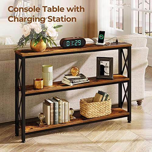 Rolanstar Sofa Table with Charging Station, 3 Tier Narrow Console Table with Storage Shelf and Power Outlet, 47” Entryway Table Metal Frame Behind Sofa Couch Hallway Entrance for Living Room