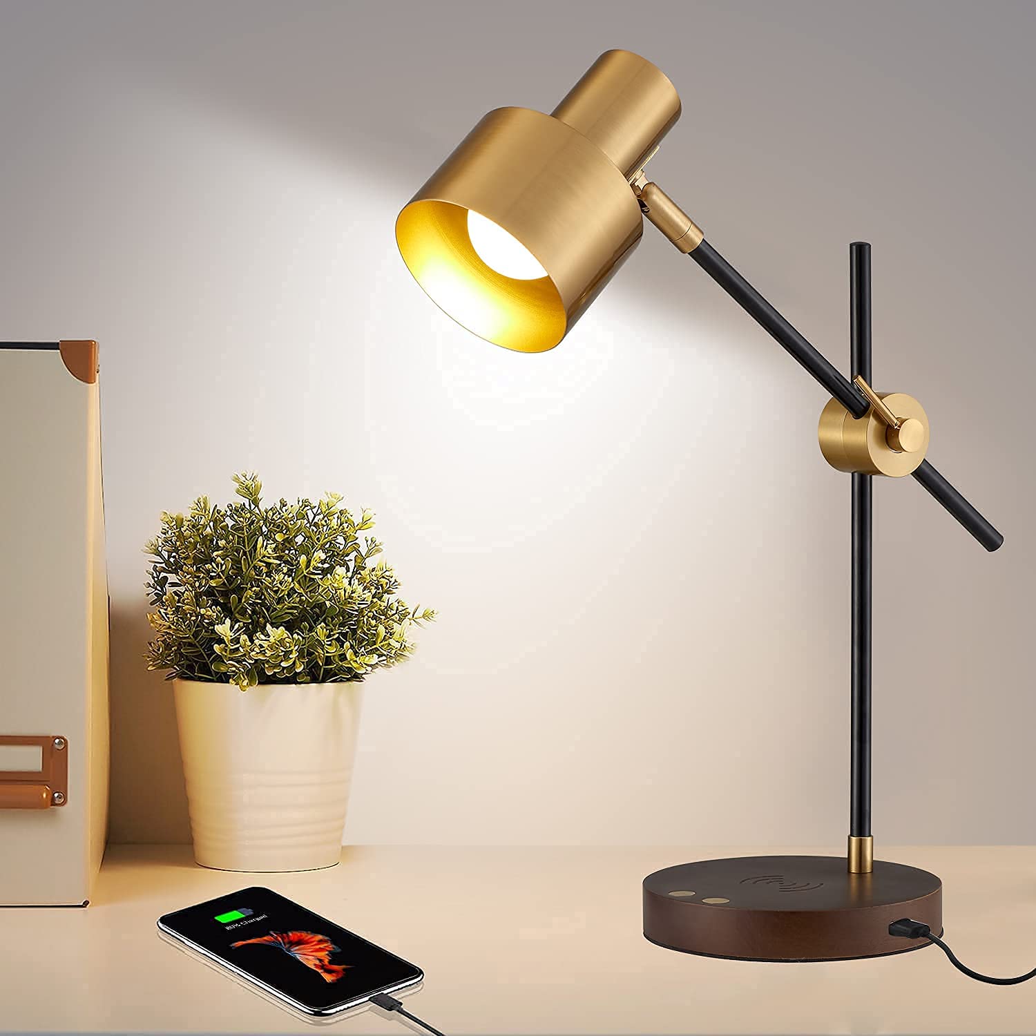 Yeefamons Desk Lamp with Wireless Charg and USB Port, Swing Arm,Brass Metal,Wood Bedside Nightstand Lights, Mid Century Modern Reading Lamp for Bedroom, Living Room, Office(5Watts Bulb Included)