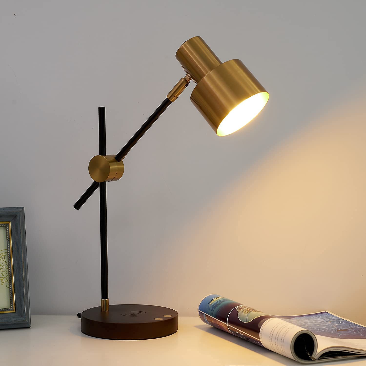 Yeefamons Desk Lamp with Wireless Charg and USB Port, Swing Arm,Brass Metal,Wood Bedside Nightstand Lights, Mid Century Modern Reading Lamp for Bedroom, Living Room, Office(5Watts Bulb Included)