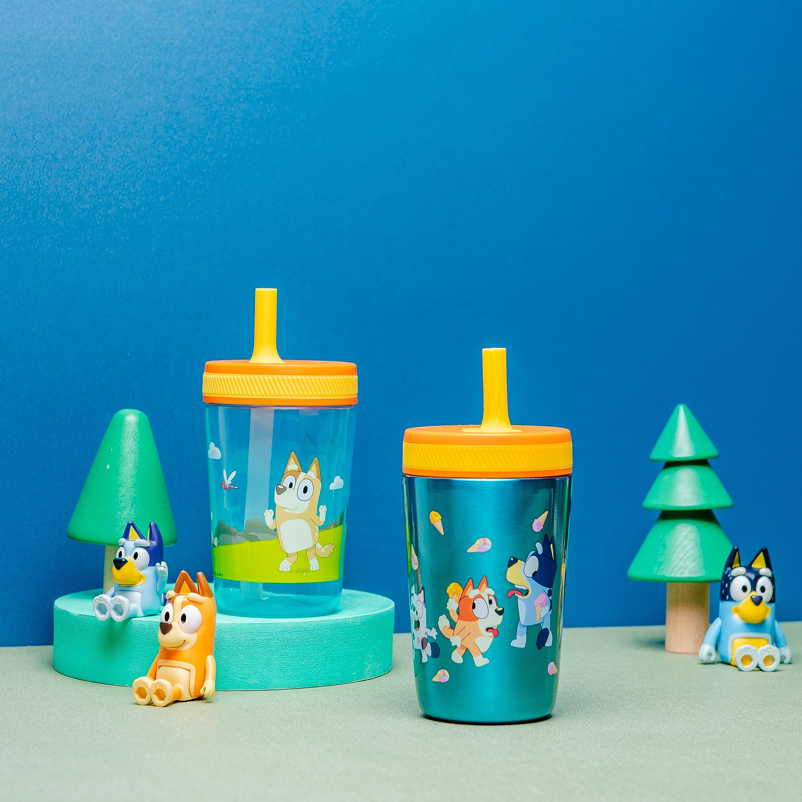 Zak Designs Bluey Kelso Tumbler Set, Leak-Proof Screw-On Lid with Straw, Bundle for Kids Includes Plastic and Stainless Steel Cups with Bonus Sipper, 3pc Set, Non-BPA