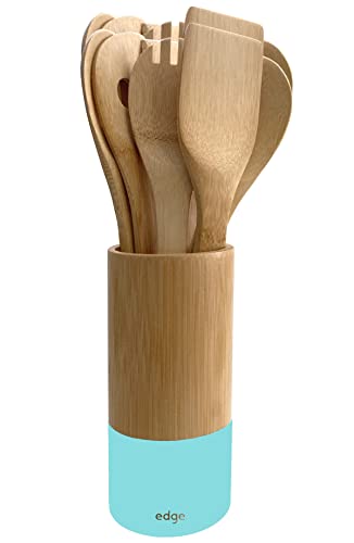 edge Bamboo Wooden Utensils Set with Caddy (Teal, 12-Piece)