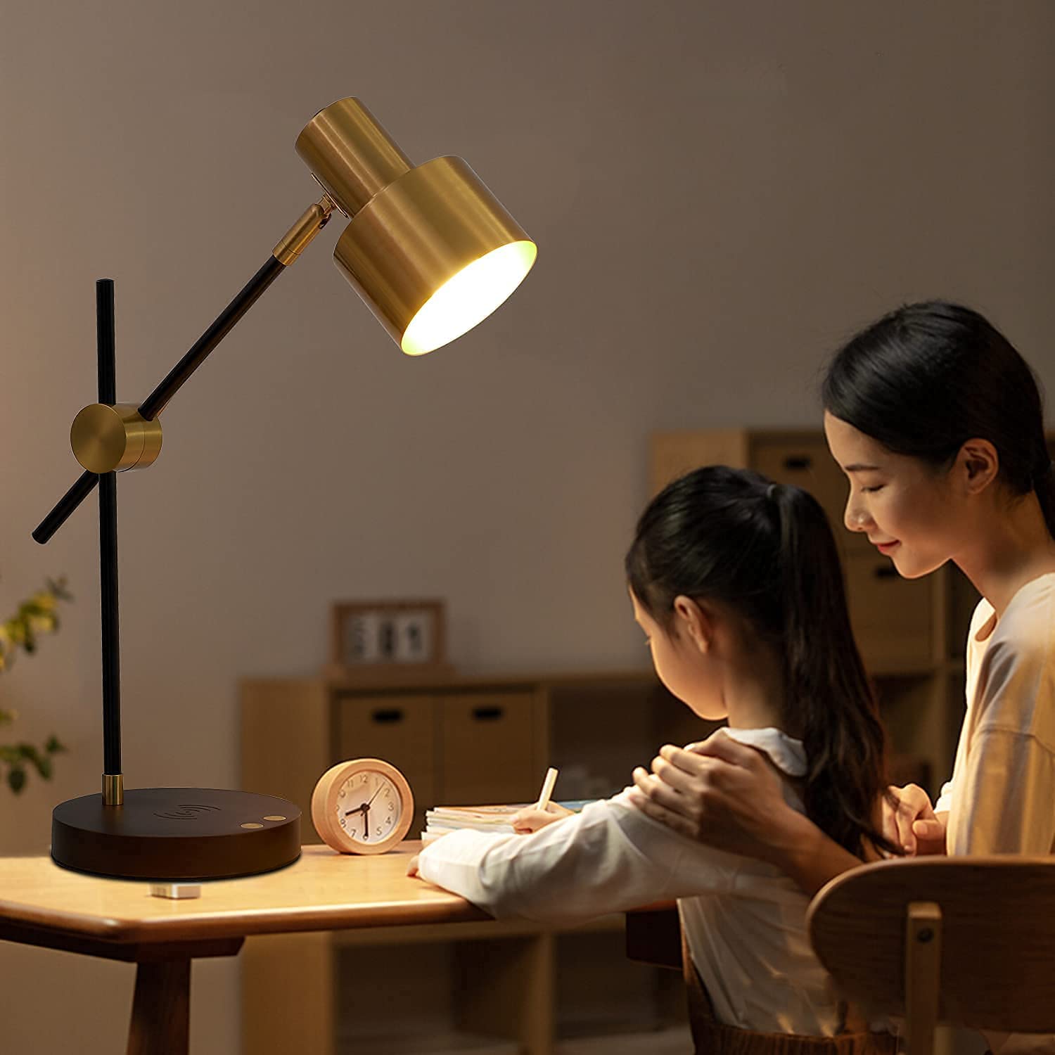 Yeefamons Desk Lamp with Wireless Charg and USB Port, Swing Arm,Brass Metal,Wood Bedside Nightstand Lights, Mid Century Modern Reading Lamp for Bedroom, Living Room, Office(5Watts Bulb Included)